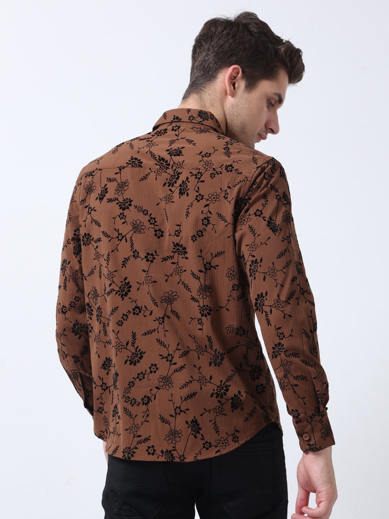 Buy printed full sleeve casual regular fit rust color men shirt