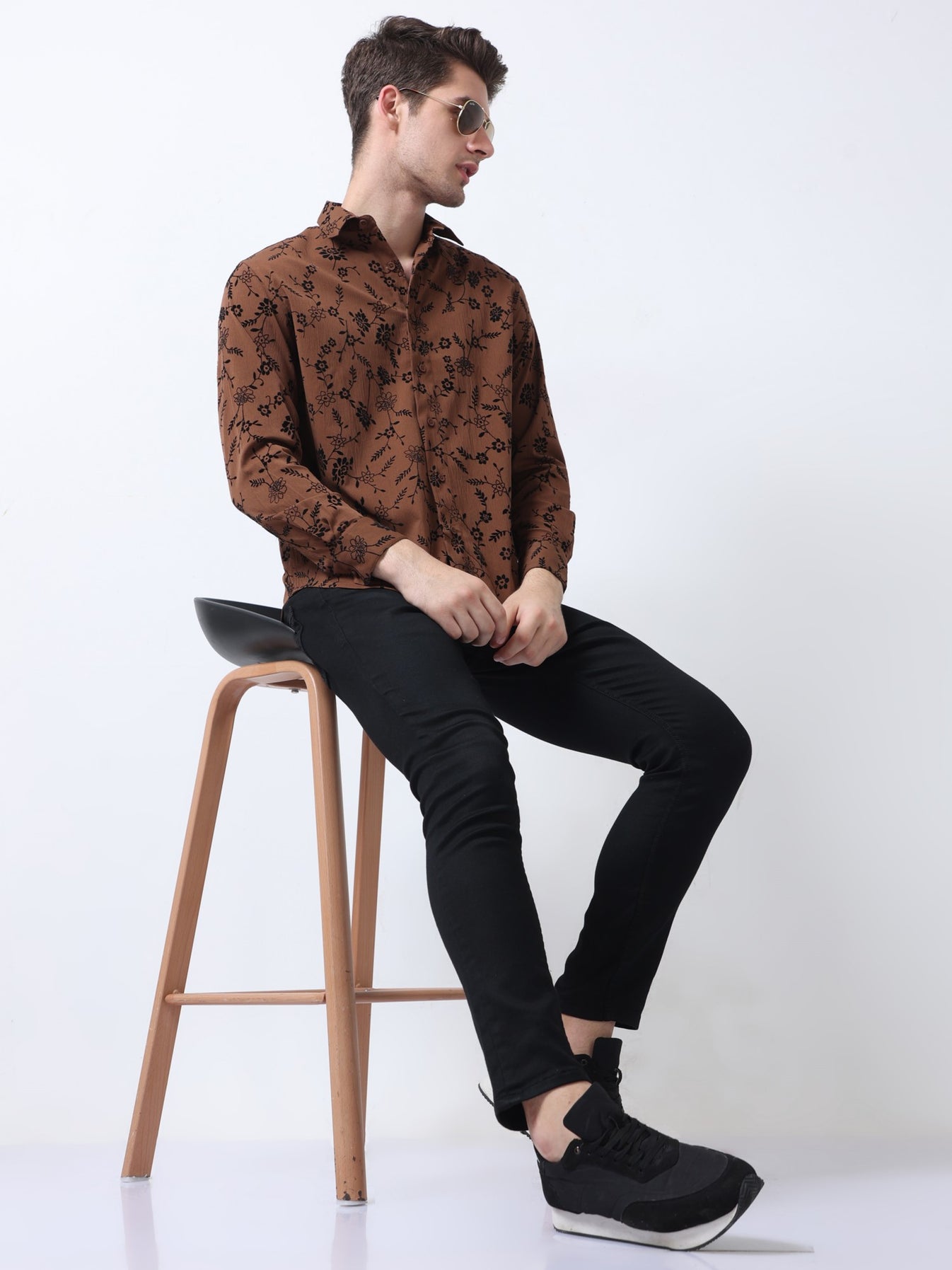 Buy printed full sleeve casual regular fit rust color men shirt