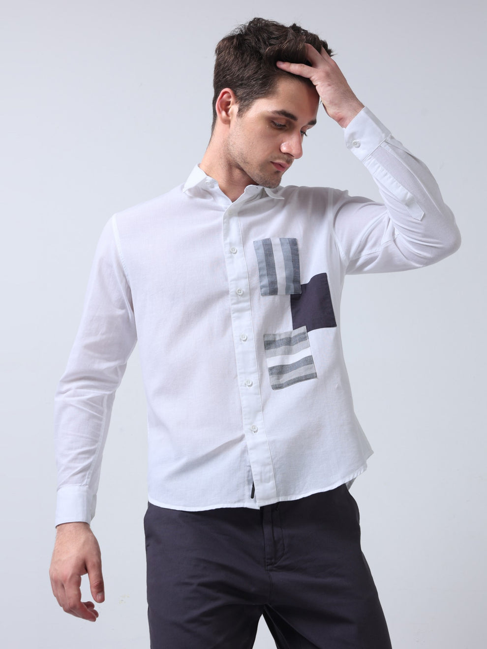 Buy white line casual regular fit men's plain shirt-North Republic