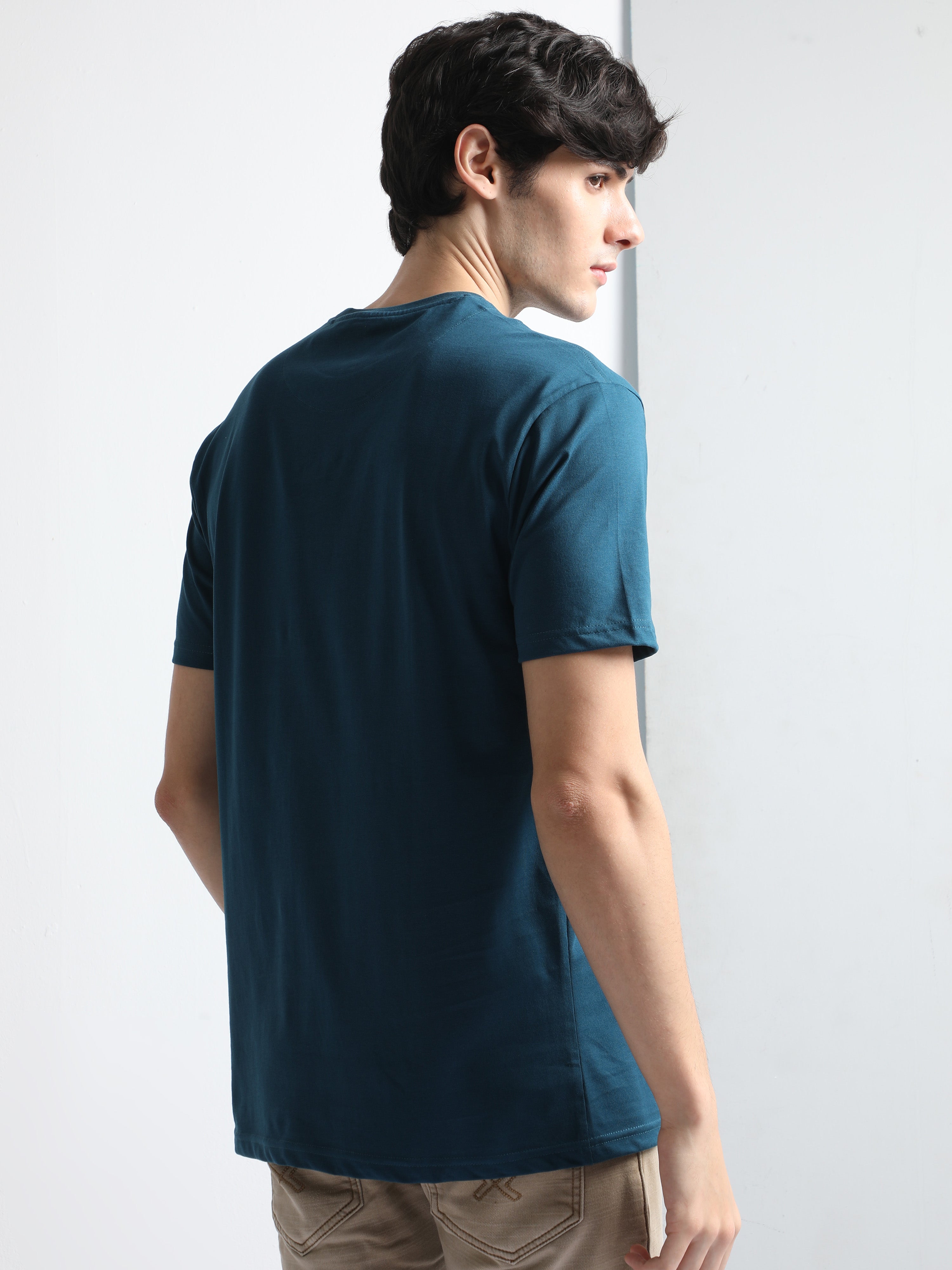 Buy Teal Crew Neck Graphic Printed T-Shirt With Pocket Online
