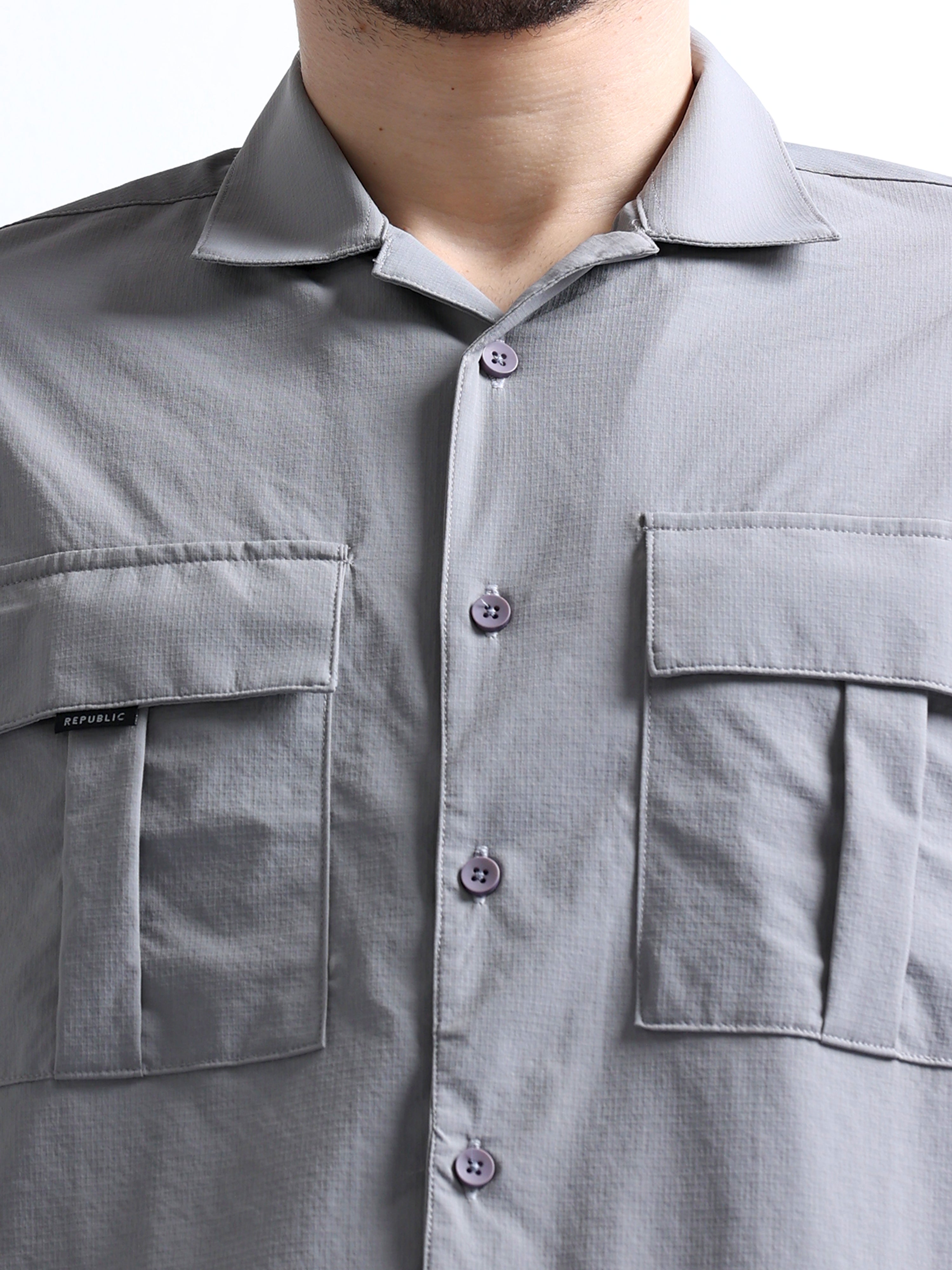 Buy Men's Cuban Collar Cargo Double Pocket Shirt Online | Grey