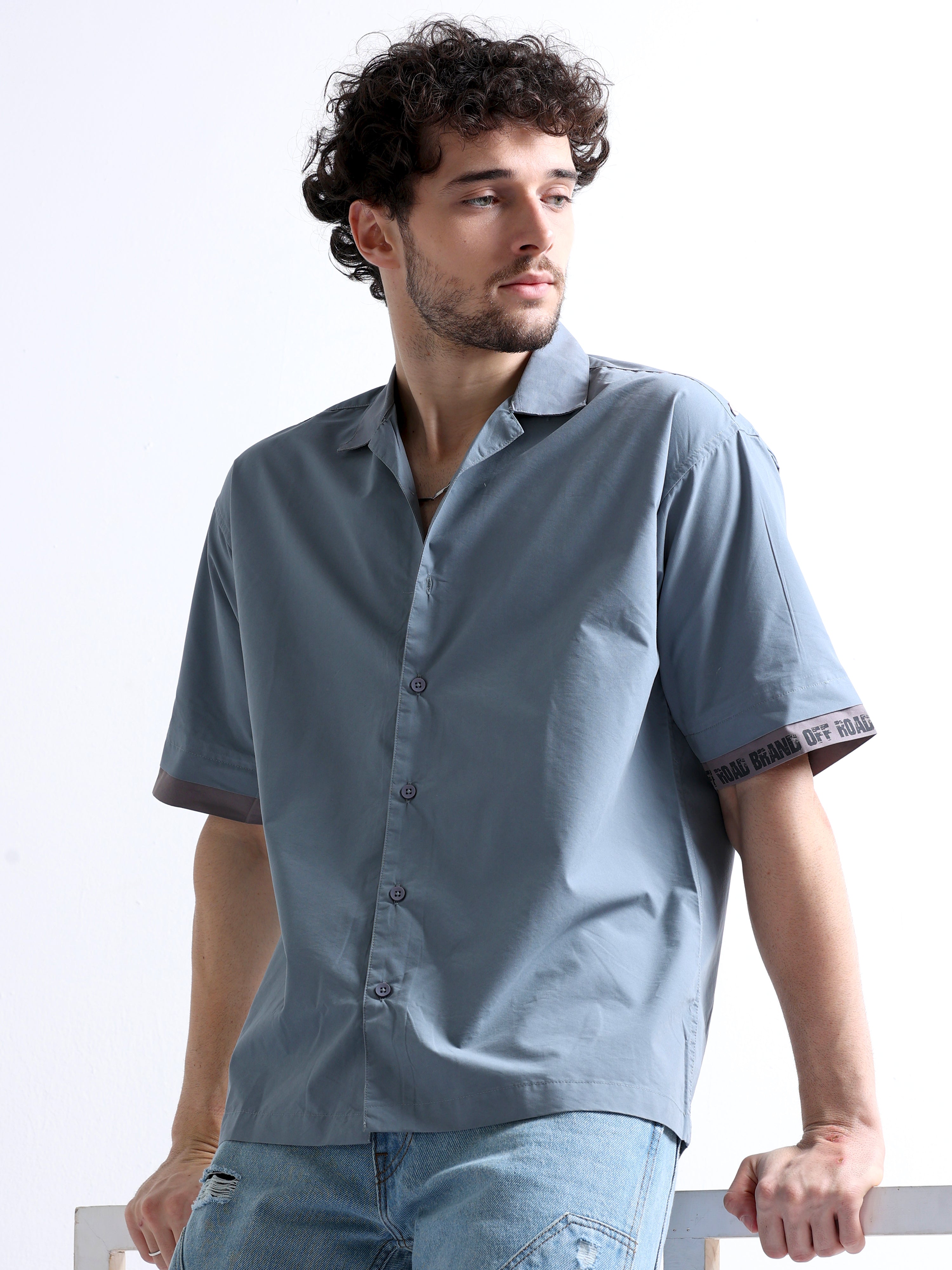 Buy Grey Men's Cuban Collar Hem Half Sleeve Plain Shirt