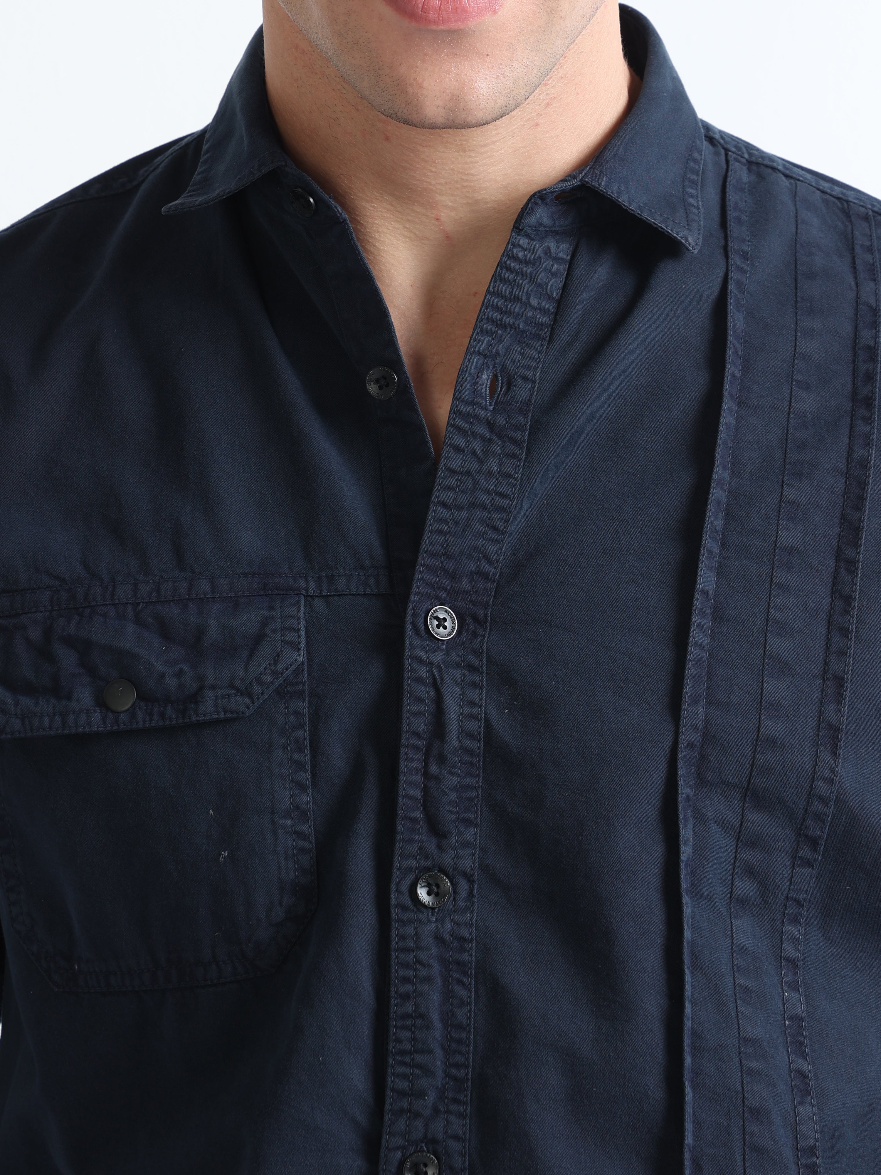Buy Navy Cut And Sew RFD Double Pocket Stylish Plain Shirt