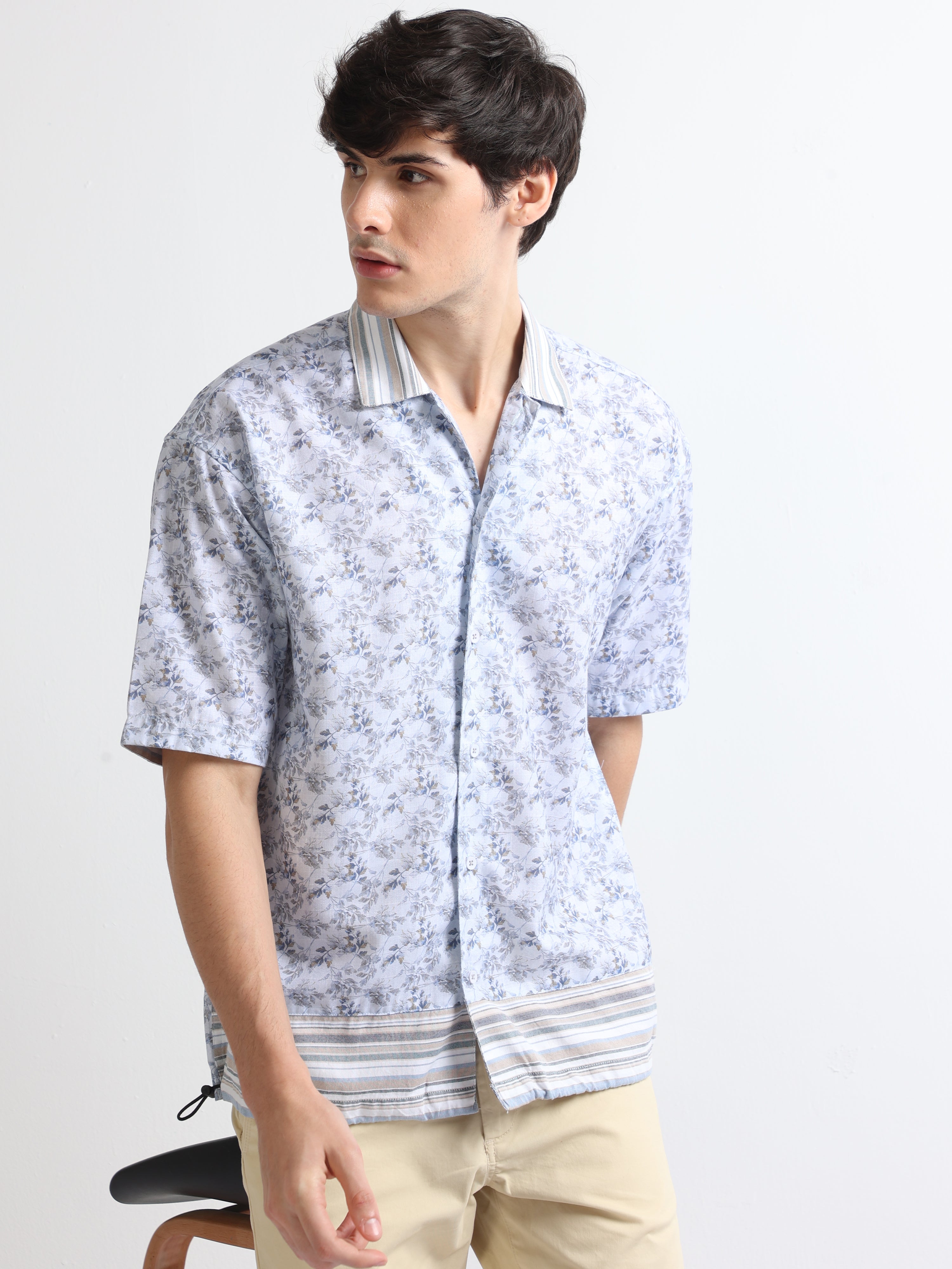 Buy blue drawcod panel men's printed shirt-North Republic
