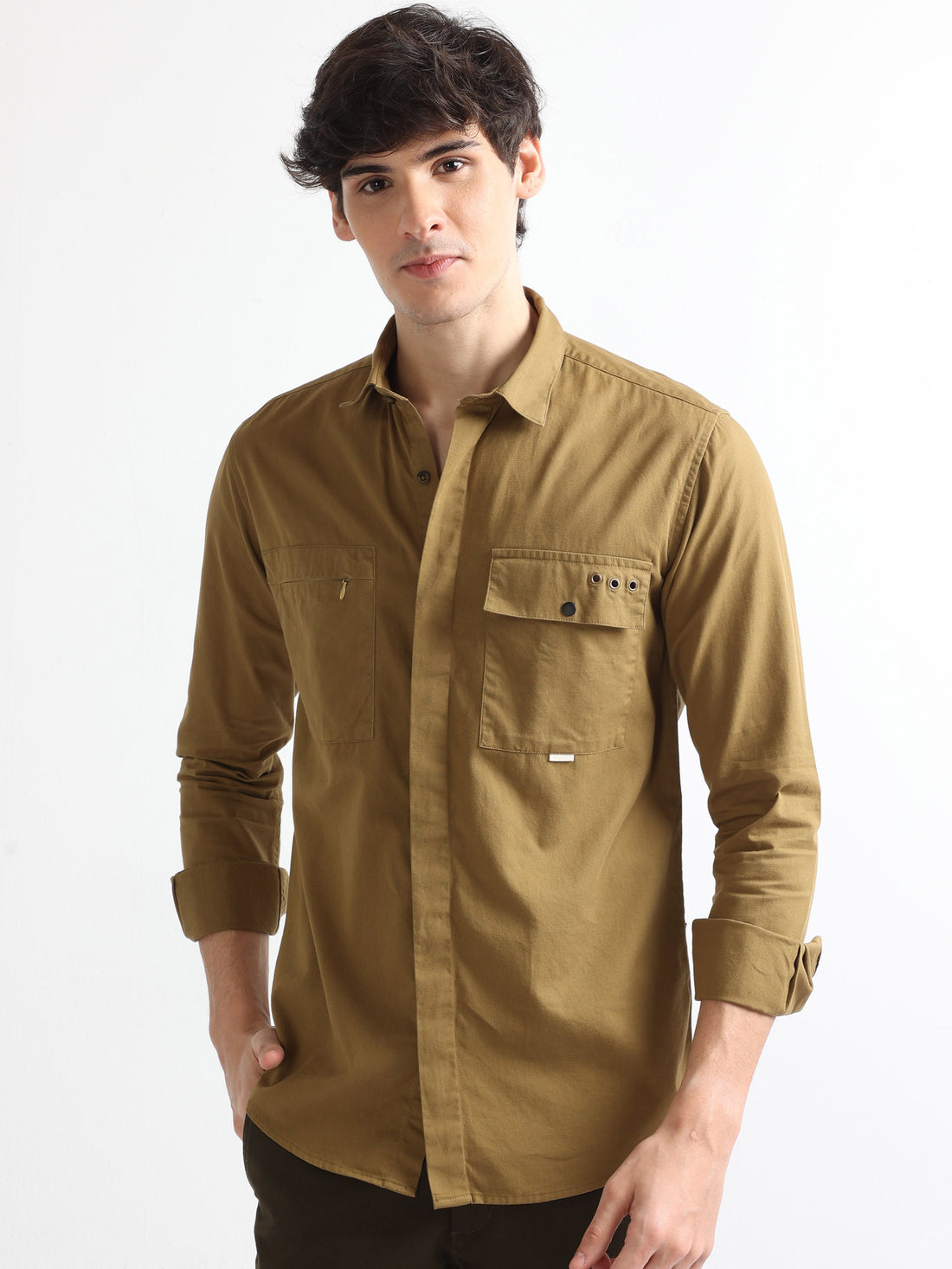 Buy khaki hidden pocket plain shirt for men-North Republic