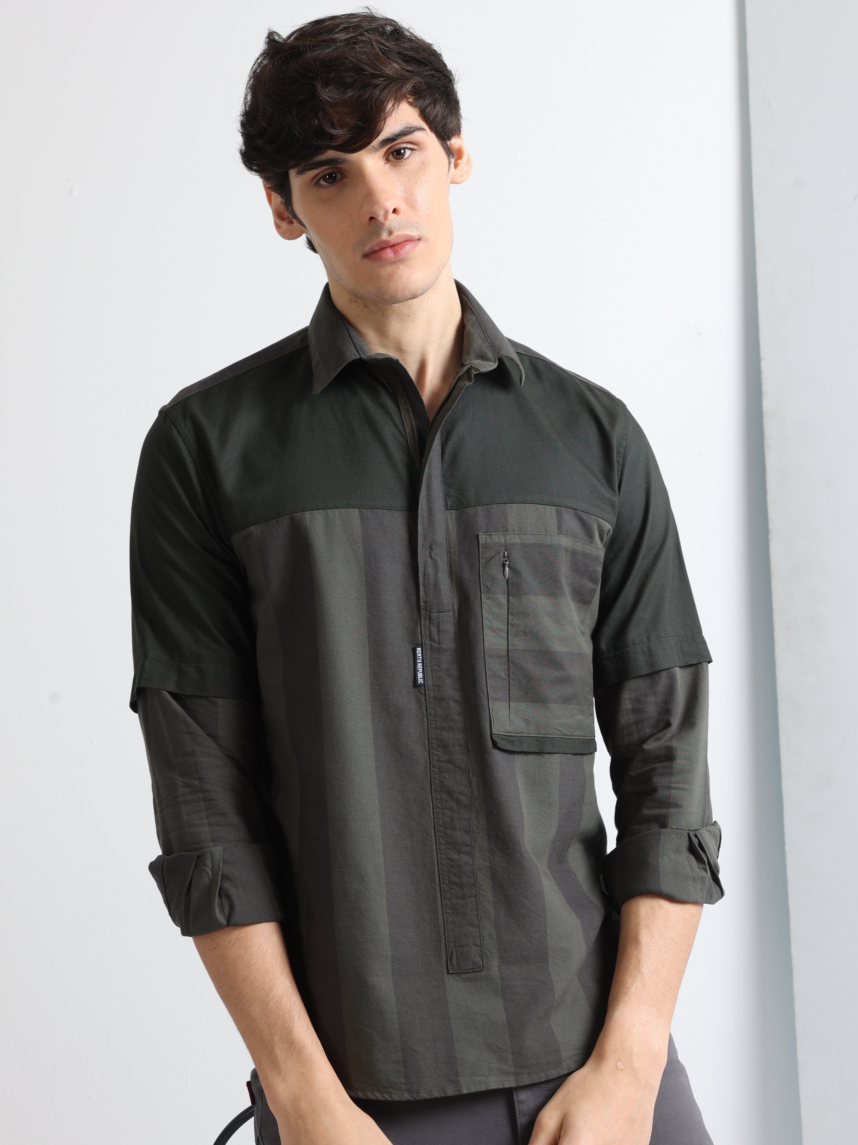 Buy green oxford open collar panel men's striped shirt