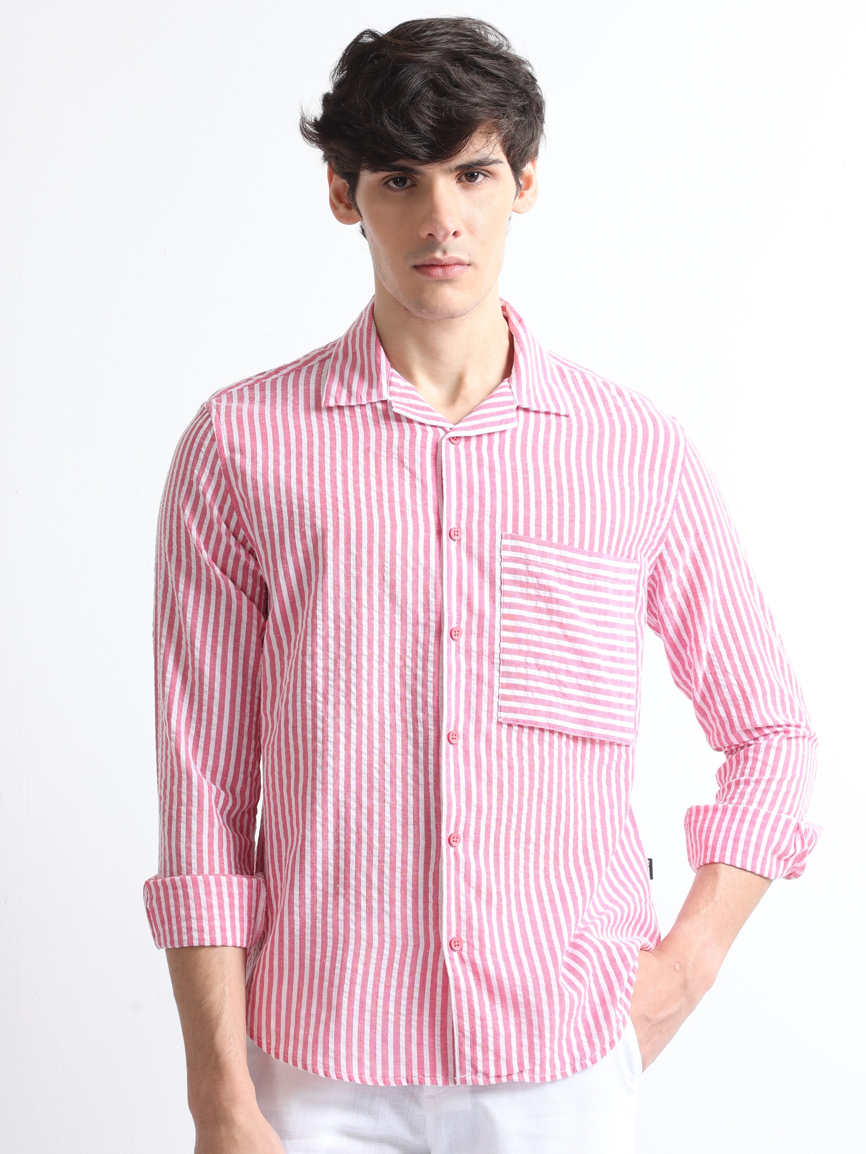 Buy pink open collar cotton men's striped shirt-North Republic