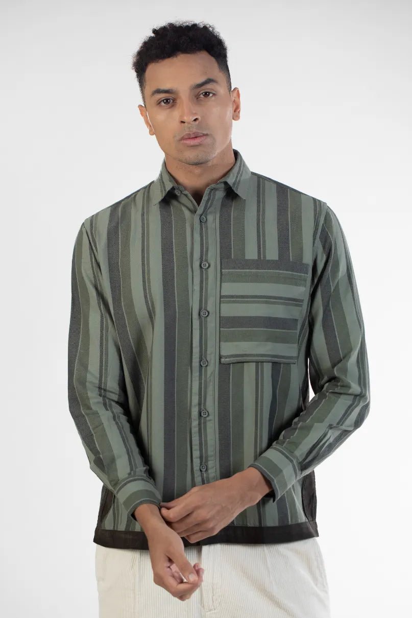 Buy green oxford cargo pocket men's striped shirt-North Republic