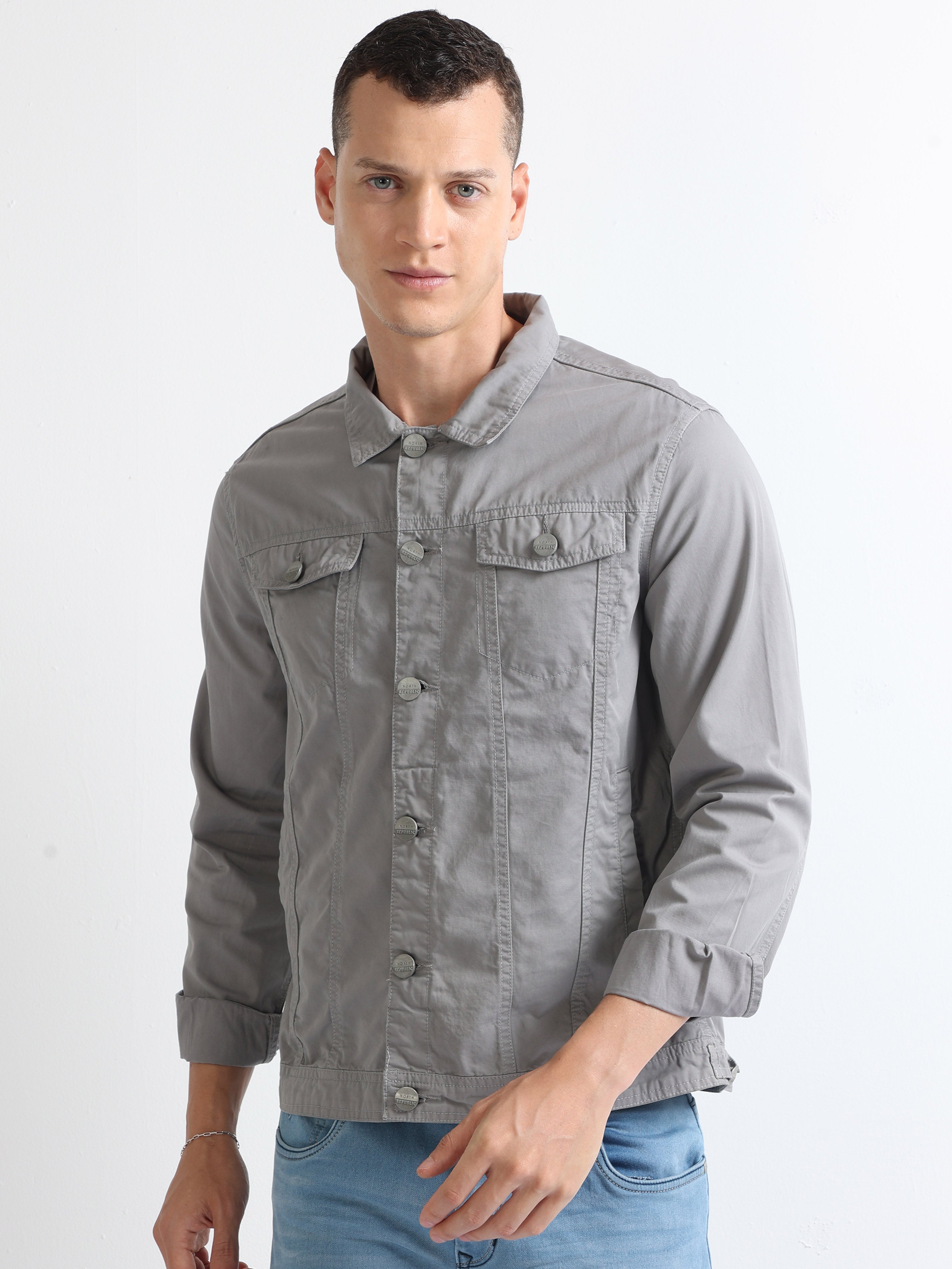 Buy Light Grey Twill Trucker Men's Jacket-North Republic