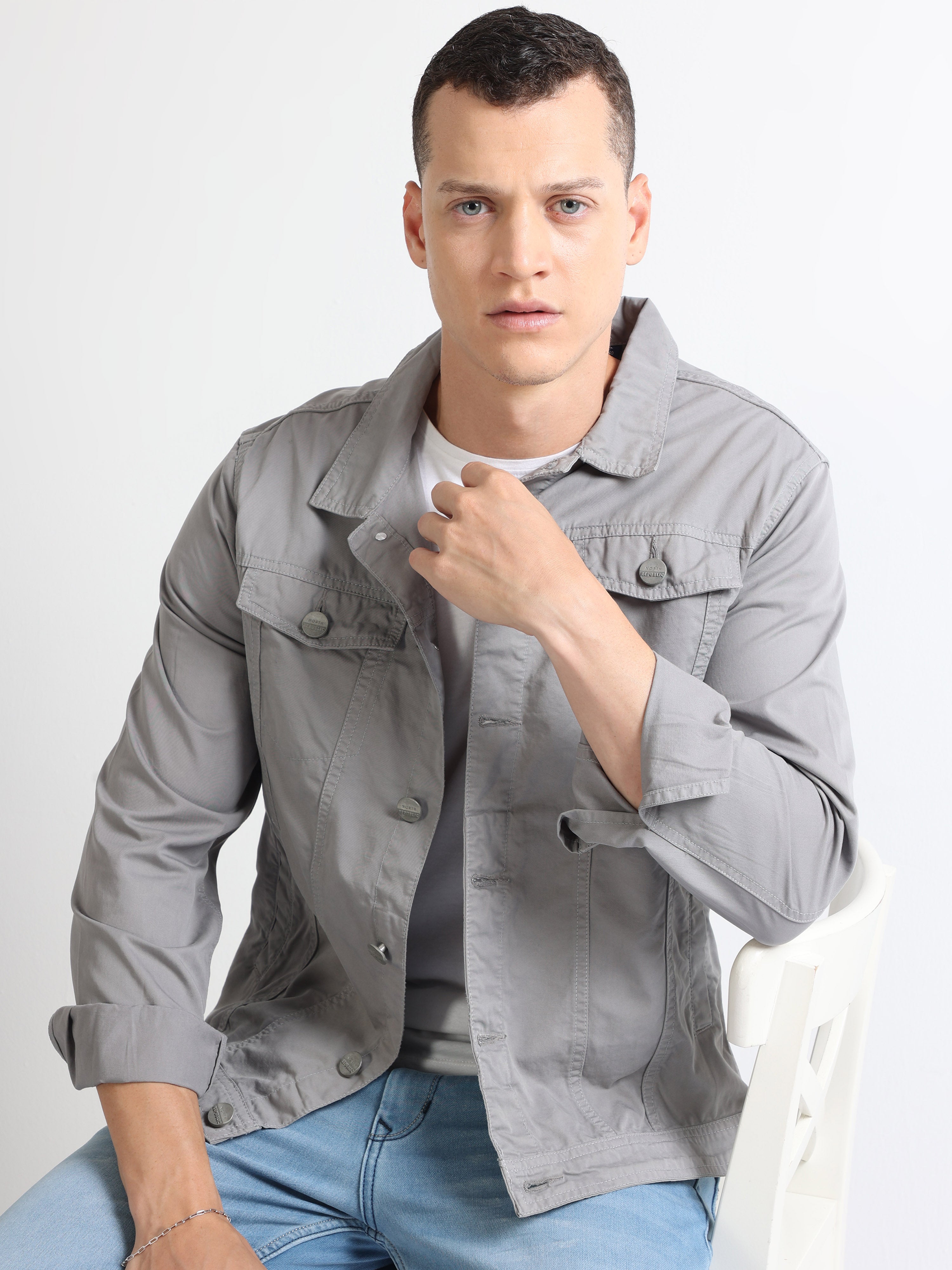 Buy Light Grey Twill Trucker Men's Jacket-North Republic