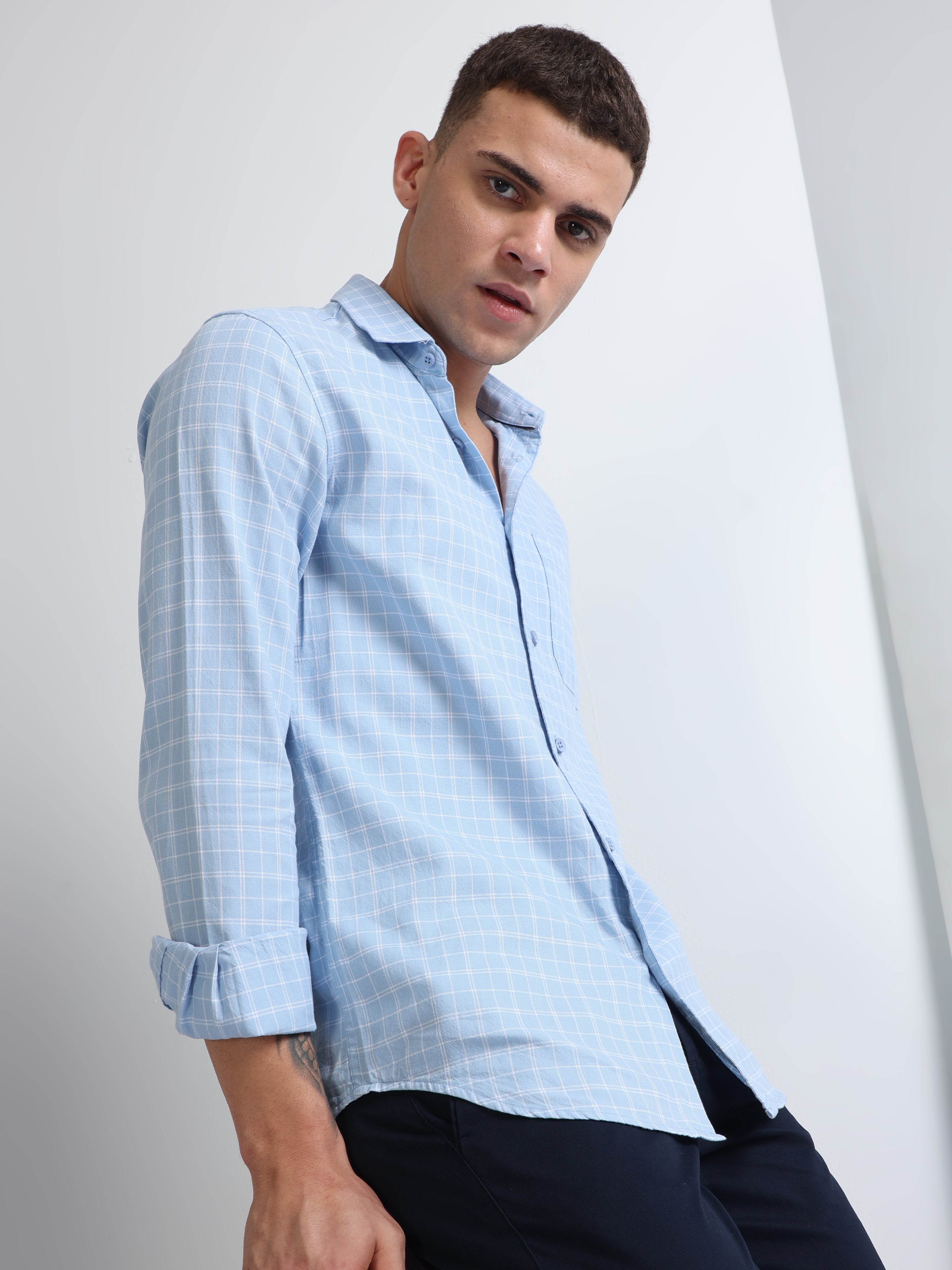 Shop Sky Blue Window Pane Business Casual Shirt For Mens Online
