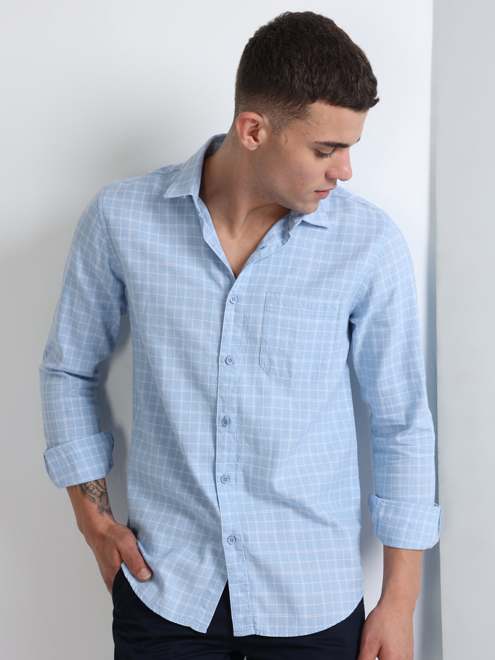 Shop Sky Blue Window Pane Business Casual Shirt For Mens Online